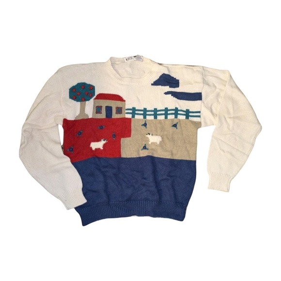 Sweaters | Vtg Country Suburbans Knit Sweater Barn Farm Scene ...